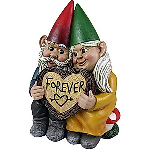 DWK World of Wonders Gnome & Forever - Adorable Hand-Painted Gnome Couple in Love with Heart-Shaped Forever Wood Slice Indoor Outdoor Figurine Cute Romantic Home Garden Patio Lawn Accent, 6.5-inch
