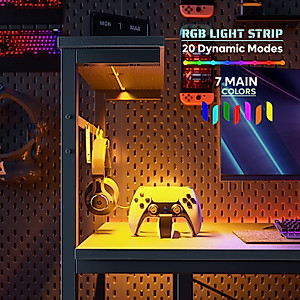 Bestier Gaming Desk with LED Lights, 44 Inch PC Gamer Desk for Small Spaces, Computer Desk with Reversible Storage Shelves & Side Storage Bag (Black Grained)