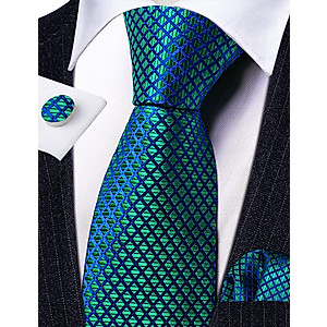 Barry.Wang Mens Tie Silk Tie Pocket Square Cufflinks Set Woven Designer Teal
