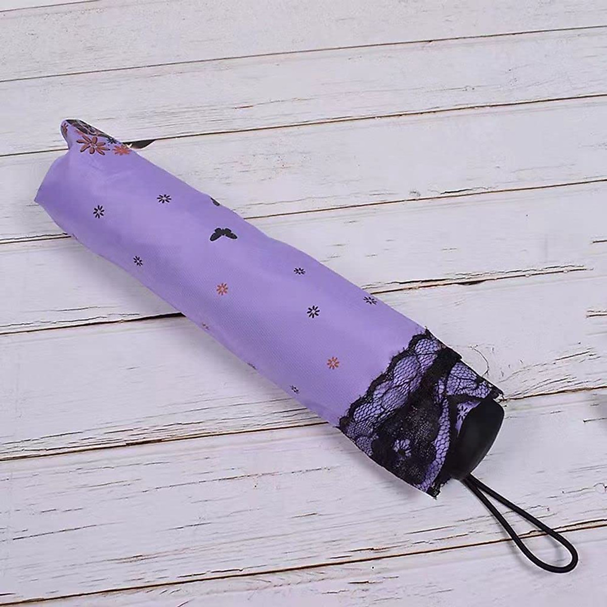 Folding Umbrella Travel Umbrella Folding UV Protection Lace Lace Sun Umbrella Ladies Girl Sunshade Lace Decorative Butterfly Lace Printed Sunshade Sun and Rain Dual-use Umbrella Tri-fold Wind Resistant Sunscreen Black Plastic Umbrella (lace purple)