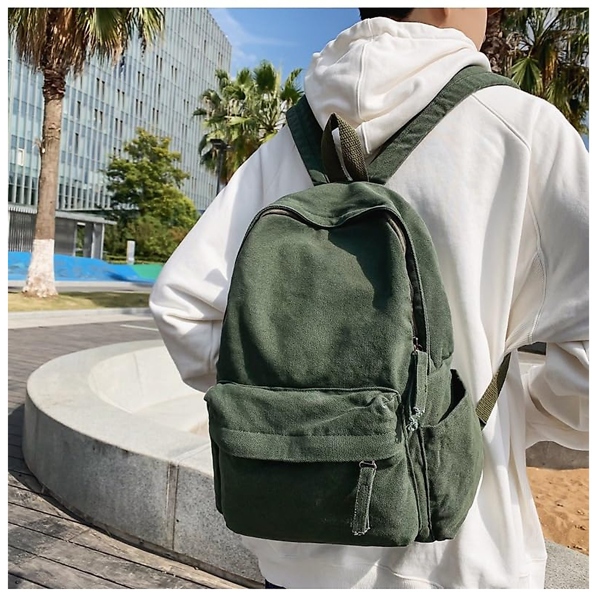 MININAI Vintage Canvas Backpack Grunge Hippie Boho Backpack College Bag Aesthetic Laptop Backpack Simple Travel Rucksack (Green,One Size)