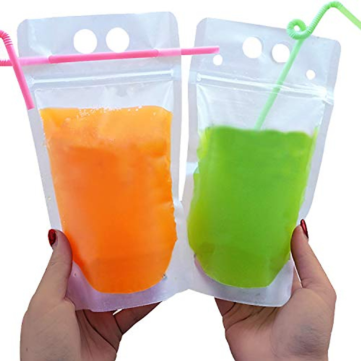 Leesgel Drink Pouches Container for Adults with Straws of Individually Wrapped & Funnel, Upgraded Anti-Leaked Stand-up Reusable Smoothie Bags for Cold & Hot Drinks, Juice, Smoothie