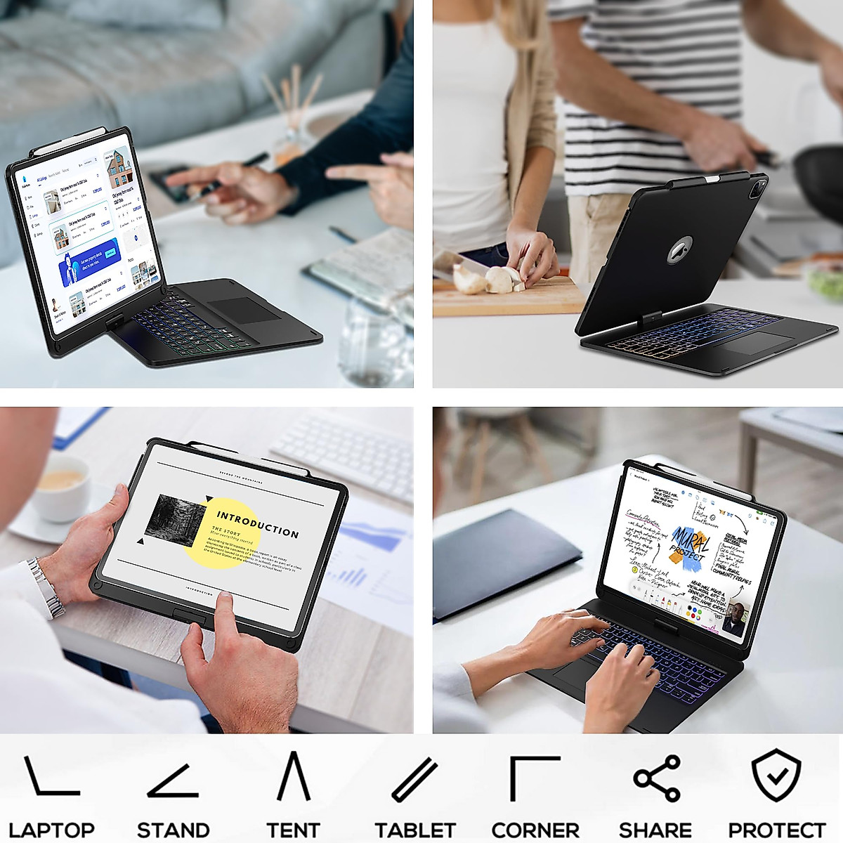 edaiser Swivel Keyboard Case for Apple iPad Pro 12.9 inch 6th Generation 5th 4th 3rd Gen; Wireless Rotatable Cover with Pencil Holder, Multi-Touch Trackpad, Backlit, Black