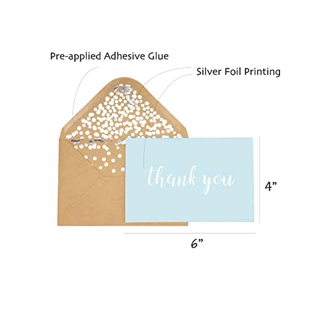 Thank You Cards - Blank 50 Pack Baby Blue Matte Finish Cards with Silver Foiled "Thank You" Printed with 52 Confetti Design Kraft Envelopes 4" x 6" - for Bridal Shower Baby Shower Birthday Party