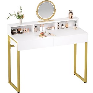 GreenForest Vanity Desk with 2 Drawers, White Makeup Desk with 3 Storage Spaces, 40 inch Small Desk with Gold Metal Legs, Modern Home Office Desk for Kids, Bedroom (No Mirror)