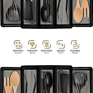ELTOW Expandable Utensil Drawer Organizer, 5 Compartment Non-Slip & Adjustable Utensil Tray for Kitchen Drawers, Kitchen Organization for Utensils, Office Supplies, Flatware Storage - Black