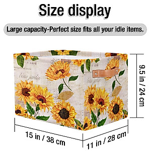 Storage Basket Flower Floral Sunflower, Large Foldable Organizer Storage Bins for Shelves, Sturdy Canvas Cubes Storage Boxes with Handles for Toys Closet Nursery Office Living Room 15" x 11" x 9.5"