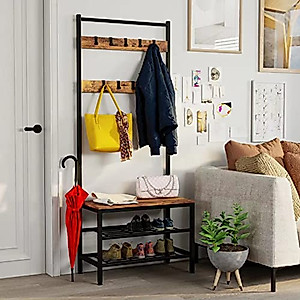 Coat Rack, Hall Tree with Shoe Bench for Entryway, 3-in-1 Industrial Entryway Bench with Coat Rack Freestanding Accent Furniture with Steel Frame, Vintage Brown