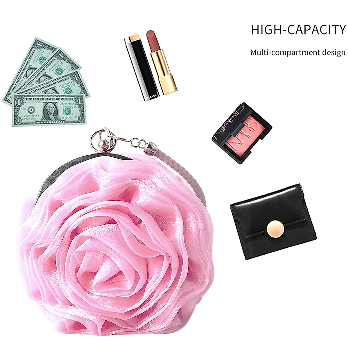 Mily Womens Satin Evening Bag Flower Shaped Wristlet (A-Pink)