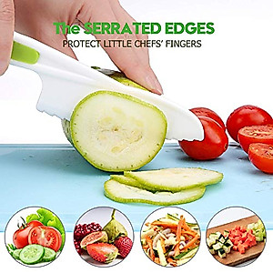 LEEFE 3 Pieces Kids Knife Set for Cooking, with Cutting Board, Safe Lettuce and Salad Knives, Kids Cooking Utensils in 3 Sizes & Colors, Serrated Edges, Plastic Safe Kitchen Knife