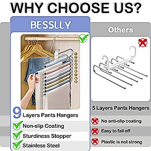 Upgrade 9 Layers Pants Hangers Space Saving, 2 Pack Non Slip Stainless Steel Multifunctional Rack S-Type Closet Organizer with Hooks for Leggings Trousers, Antiquewhite