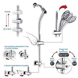 UCLIMAA Rainfall 8 Inch Round Shower Head with High Pressure Handheld Spray Combo, Drill-Free Slide Bar with Adjustable Shower Extension Arm, 3-Way Low Diverter for Easy Reach, 5Ft Hose- Chrome