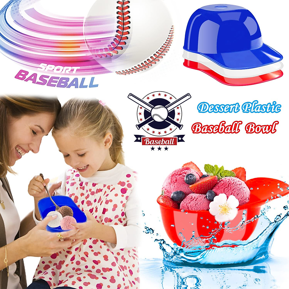 Szsrcywd 24 Pack Plastic Baseball Helmet Bowl,Mini Ice Cream Dessert Baseball Cap Bowls,Party Snack Cups for Birthday Party Supplies(Red Blue and White)