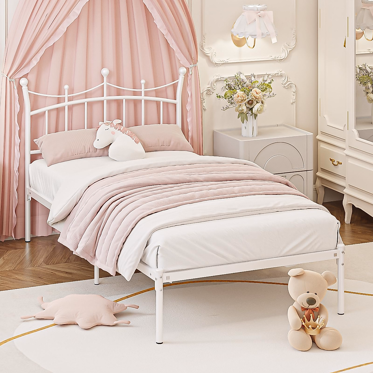 Weehom Twin Bed Frames with Headboard, Elegant Princess Bed for Girls Heavy Duty Metal Platform Bed Easy Assembly Under Bed Storage Space No Box Spring Needed Twin Size Bed for Kids Adults, White