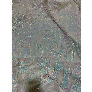 White Iridescent Geometric Stretch Sequin Fabric by The Yard | 4 Way Stretch Fabric Spandex Lace Fabric | White Stretch Mesh Embroidery with 3mm Sequin | White Iridesecent Sequin Fabric-Per Yard