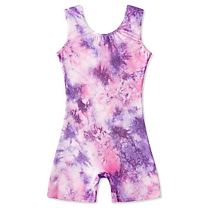 Funnycokid Gymnastics Leotards for Girls Purple Tie Dye Outfits Sparkly Biketards with Shorts Sleeveless Unitards 7-8 Years