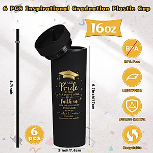 Blushtier 6 Pcs Class of 2025 Graduation Gifts Bulk College Graduate Gift 16oz Matte Inspirational Black Skinny Tumbler with Lid and Straw Plastic Drinking Cup for Teen High School Grad Party Favors