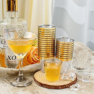 WELLIFE 200 PACK Plastic Clear and Gold Shot Glasses, 2OZ Disposable Shot Glasses, Small Hard Plastic Tumblers, Gold Tasting Sampling Cups, Mini Container Perfect for Whiskey for Party