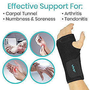 Vive Wrist Brace - Carpal Tunnel Hand Compression Support Wrap for Men, Women, Tendinitis, Bowling, Sports Injuries Pain Relief - Removable Splint - Universal Ergonomic Fit (Black, Left)