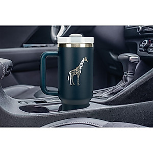 Elanze Designs Giraffe Growing Wildflower Animal Floral Motif 40 Oz. Stainless Steel Water Bottle Coffee Mug, Spill & Leak Resistant, Travel Tumbler with Handle, Lid & Straw, Navy Blue