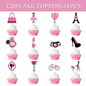 24 Pcs Pink Paris Princess Theme Cupcake Toppers for Girls Birthday Party Handbag Eiffel Tower Lipstick Tie High Heel Cupcake Decorations for Bridal Baby Shower Birthday Wedding Party Supplies