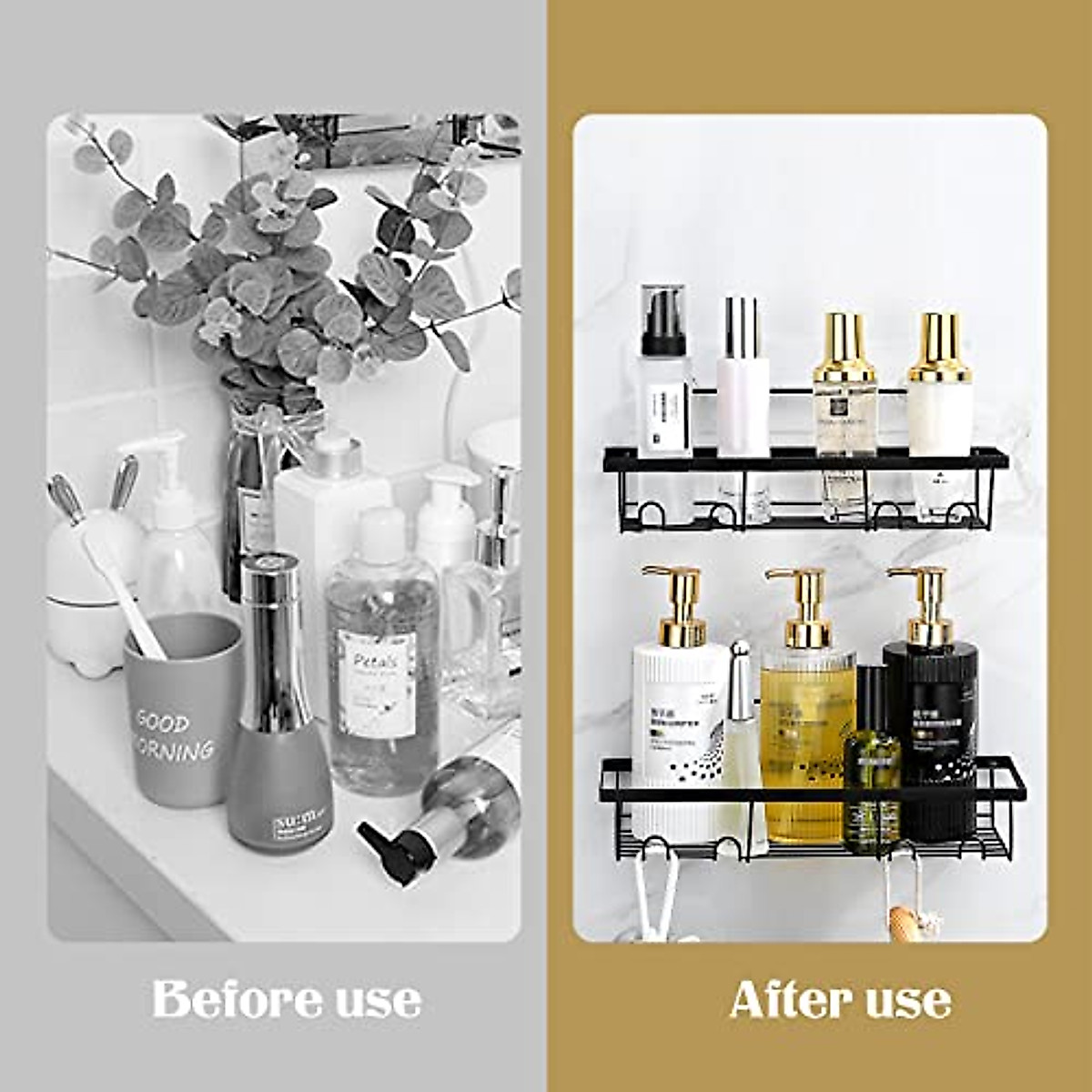 2-pack Shower Self Adhesive Shelf, Shower Caddy Bathroom Shelf with 2 Hooks & 2 Soap Dishs, Wall Mounted Stainless Steel Shower Rack No Drilling Shower Holder Organizer