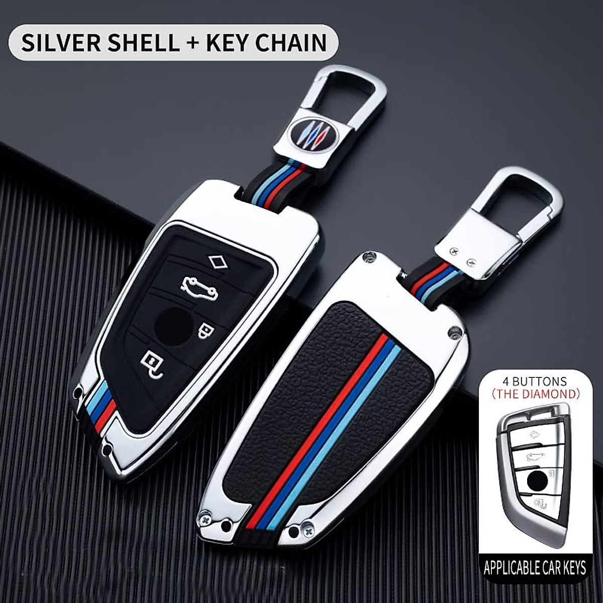 OLLEN Heavy Metal Key Fob Cover Case, Fit for BMW 5 6 7 Series X1 X2 X3 X5 X6 GT Series, Full Protection Key Fob Shell Case, Blade Shape, Silver (1 Pcs)