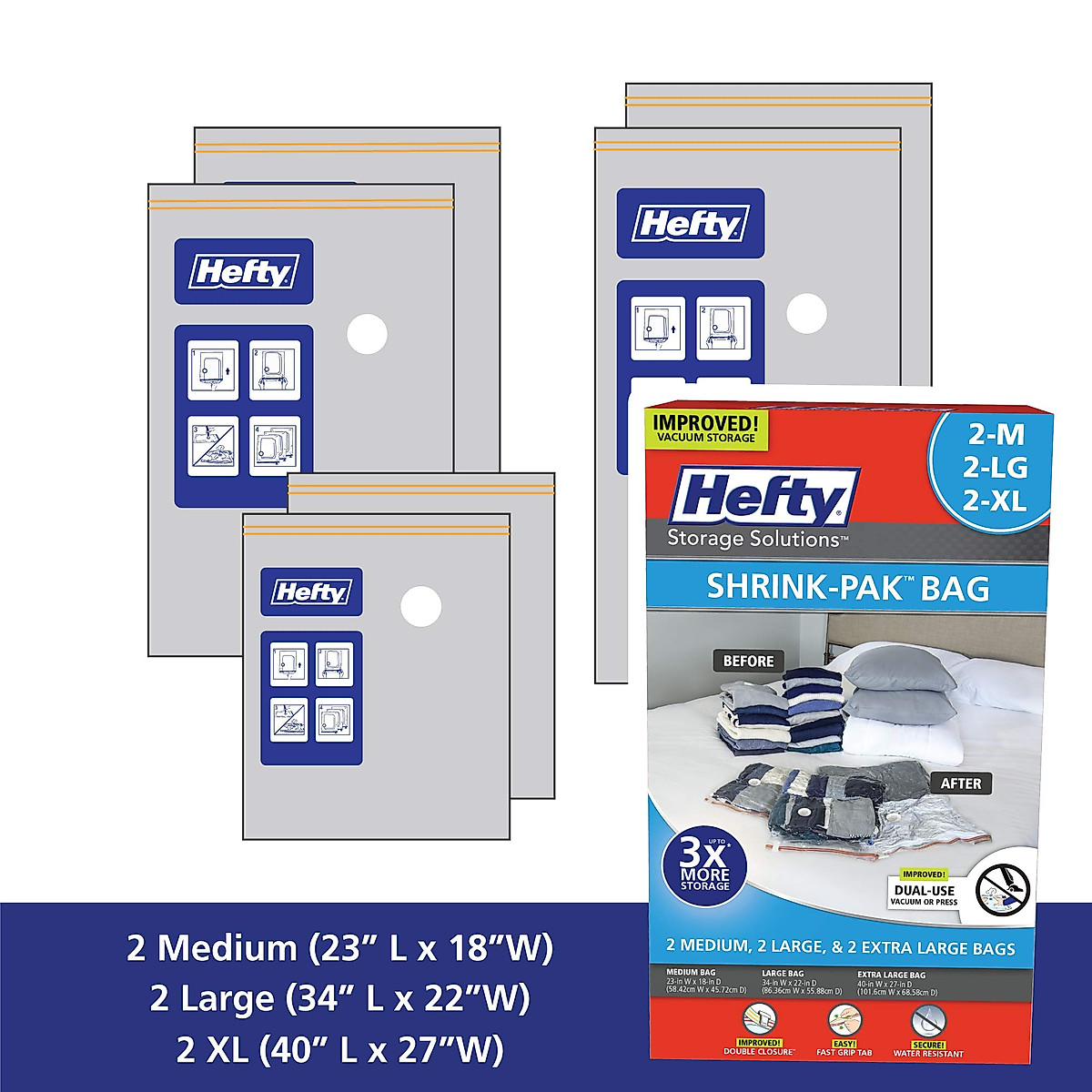 Hefty Shrink-Pak - 2 Medium, 2 Large, 2 XL Vacuum Seal Storage Bags – Space Saver Bags for Clothing, Pillows, Towels, or Blankets, 6 Pc Set