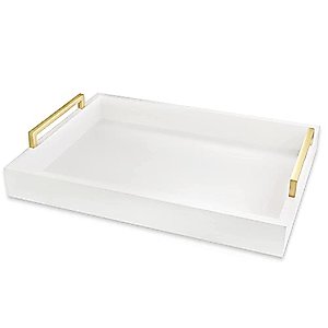 Crown Home & Living Ottoman Serving Tray 16.5x12.25 - White Coffee Table Tray with Brushed Gold Handles, Handcrafted, Sturdy & Spacious - Ideal for Bedroom, Kitchen, Living Room Decor
