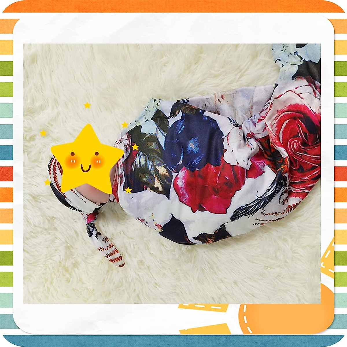 SUFEINI 4 in 1 Swaddle Blanket Set 32×32 inch Girl Boy Unisex Neutral Vintage Monthly Picture Blanket, Receiving Blanket with Bow Headband/Hat/Name Suggestion Cards Photo Props