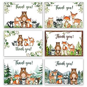 50 Woodland Thank You Cards, 4x6" Forest Animals Thank You Notes with Matching Green Envelopes & Stickers, Greenery Notecards, Woodland Baby Shower Thank You Cards
