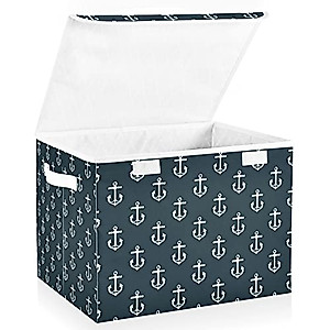 Kigai Storage Basket Blue Sea Anchor Nautical Storage Boxes with Lids and Handle, Large Storage Cube Bin Collapsible for Shelves Closet Bedroom Living Room, 16.5x12.6x11.8 In