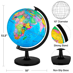Wizdar 10'' World Globe for Kids Learning, DIY Assemble Educational Rotating World Map Globes Large Size Decorative Earth Children Globe for Classroom Geography Teaching, Desk and Office Decoration