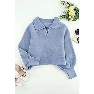 Meenew Women Loose Pullover Sweater Collared V Neck Long Sleeve Knit Crop Tops M Light Blue