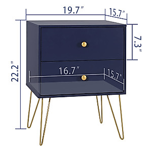 Scurrty 20'' End Table Nightstands Set of 1 Bedside Table Large Sofa End Tables with Wide Top 2 Storage Drawers Metal Legs Bedside Night Table Storage in Bedroom Stable Metal Frame