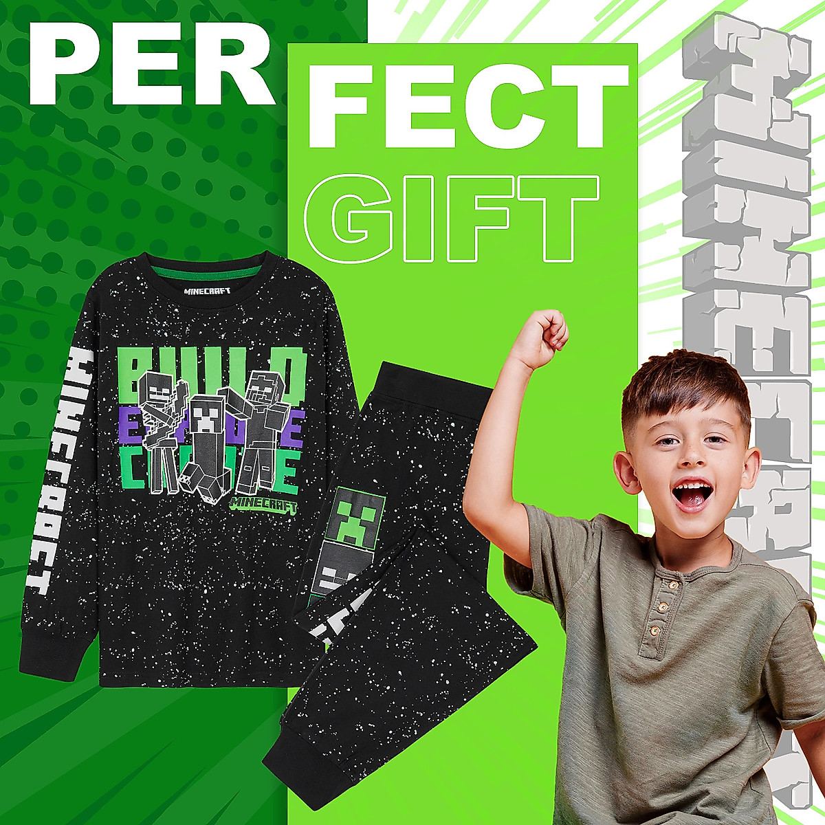 Minecraft Boys Pyjamas Set Lounge Wear Long Top or T-Shirt and Bottoms Teenagers Kids PJs 5-14 Years Gifts for Boys (Standard, 7-8 Years, Black)