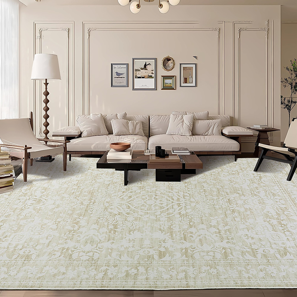 HOMBYS 10x14 Neutral Floral Area Rug for Living Room Bedroom, Large Boho Floor Carpet with Non-Slip Backing for Indoor, Traditional Home Deco Non-Shedding, Khaki, Machine Washable