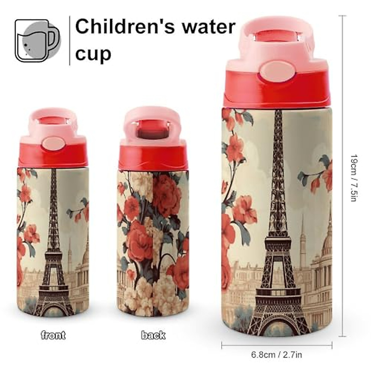 Stainless Steel Water Bottles Paris Vintage Floral Travel Water Cups with Handle And Silicone Straw Drinking Cup with Leak Proof Lid Thermo Travel Mug for Women Men