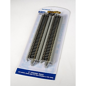 Bachmann Trains - Snap-Fit E-Z Track 9” Straight Track (4/card) - Nickel Silver Rail With Gray Roadbed - HO Scale