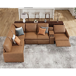 AMERLIFE Reclining Sectional Sofa, Power Recliner with Console& Single Right Recliner, 6 Seats L Shaped Couch with Cup Holder& Charging Port, Leather Modular Couch for Living Room