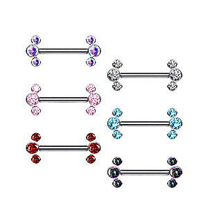 Pierced Owl 14G G23 Implant Grade Titanium Threadless Push-in Triple Bezel Set CZ Crystal Ends Nipple Barbells, Sold as a Pair (Clear)