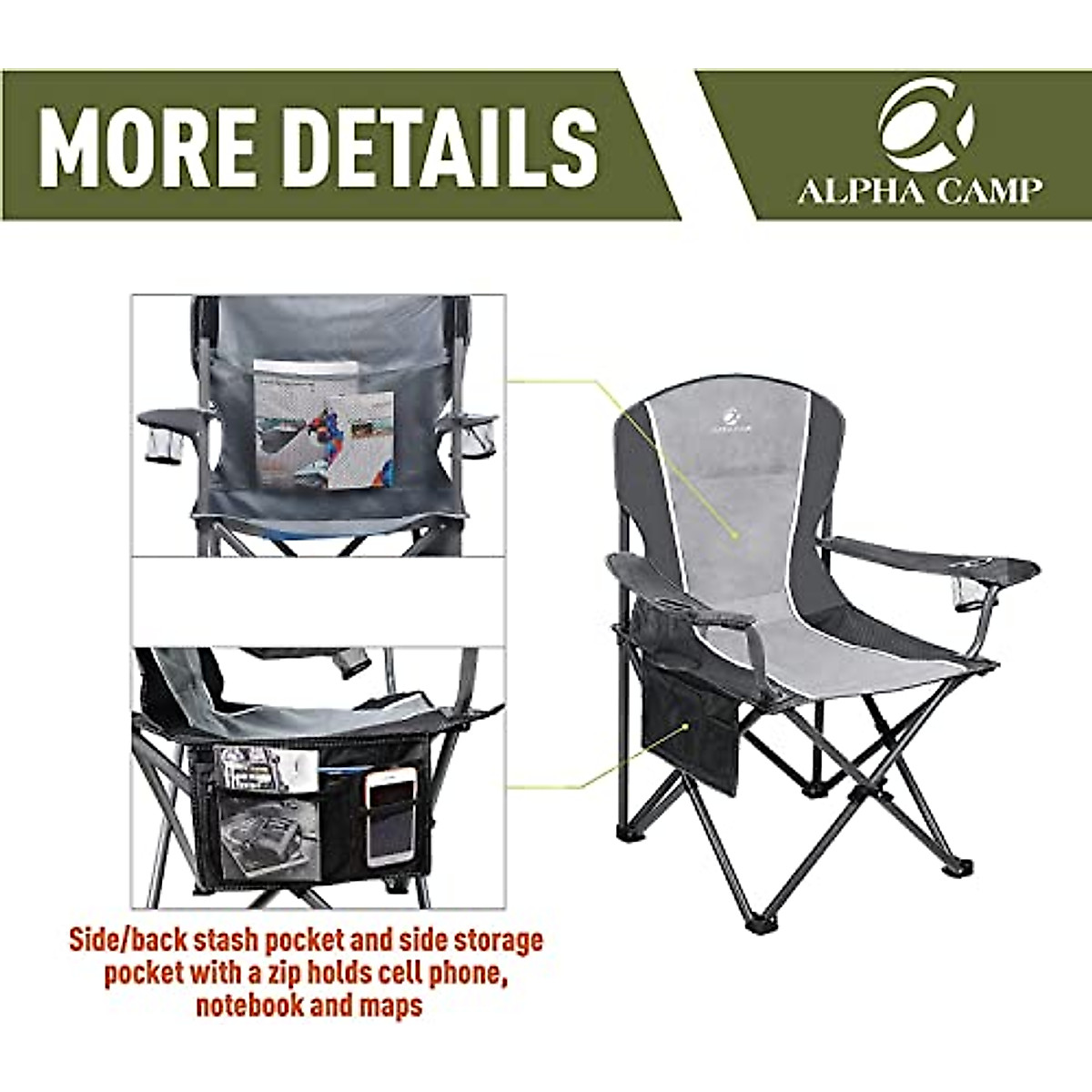 ALPHA CAMP Oversized Camping Folding Chair Heavy Duty Steel Frame Support 350 LBS Collapsible Arm Chair with Cup Holder Quad Lumbar Back Chair Portable for Outdoor/Indoor
