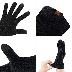 ViGrace Winter Touchscreen Gloves for Women Chenille Warm Cable Knit with 3 Touch Screen Fingers Texting Driving Elastic Cuff Thermal Glove Black,Large