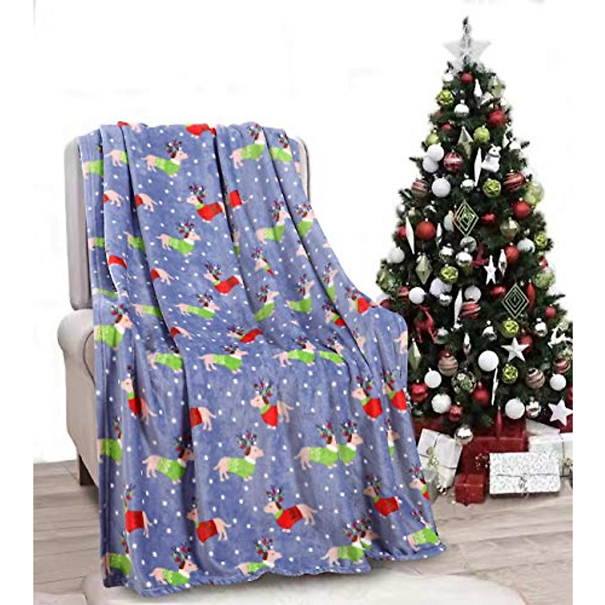 Valerian Luxury Velvet Touch Ultra Plush Christmas Blanket |Soft, Warm, Cozy|Holiday Printed Fleece Throw/Blanket-50 x 60inch, 50 x 60, Dogs in Sweaters
