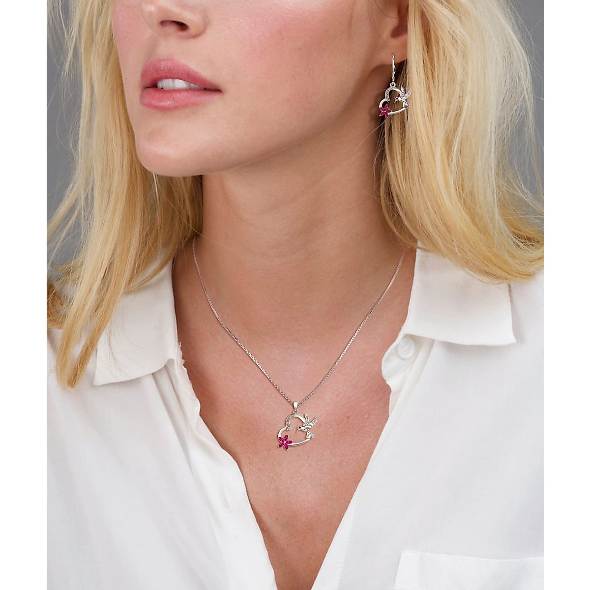 YL Hummingbird Necklace 925 Sterling Silver Heart Pendant Created Ruby Flower Jewelry for Women