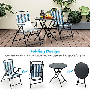 Giantex 3 Pcs Patio Bistro Set, Folding Table and Chairs Set, Metal Outdoor Dining Set with 2 Chairs, Glass Round Side Table, Conversation Furniture Set for Yard Porch Deck Backyard