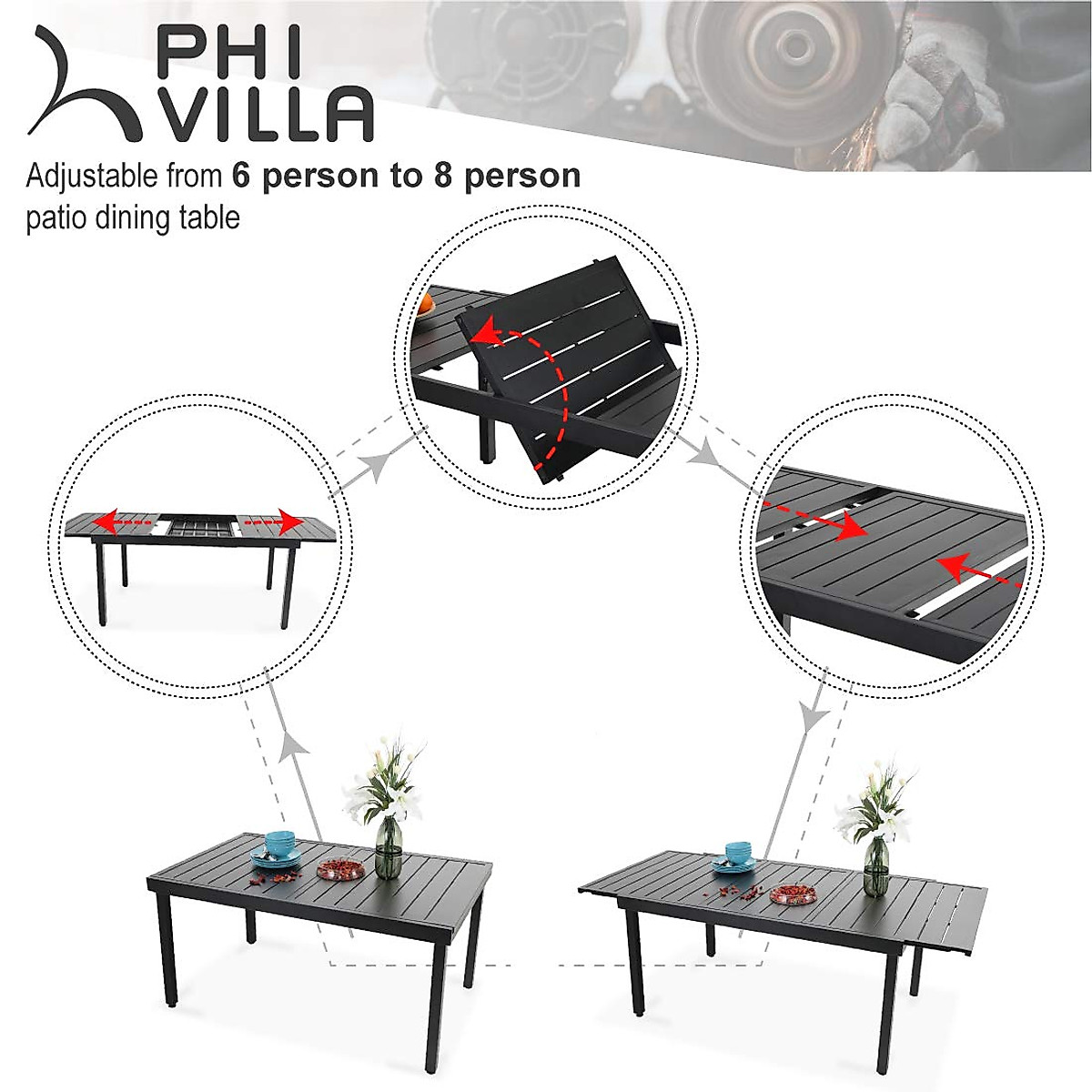 PHI VILLA 9 PCS Patio Dining Set, 8 Spring Motion Thickened Cushion Chairs and Extendable Metal Table for Indoor,Outdoor, Garden, Outdoor Waterproof Furniture Sets(Red)