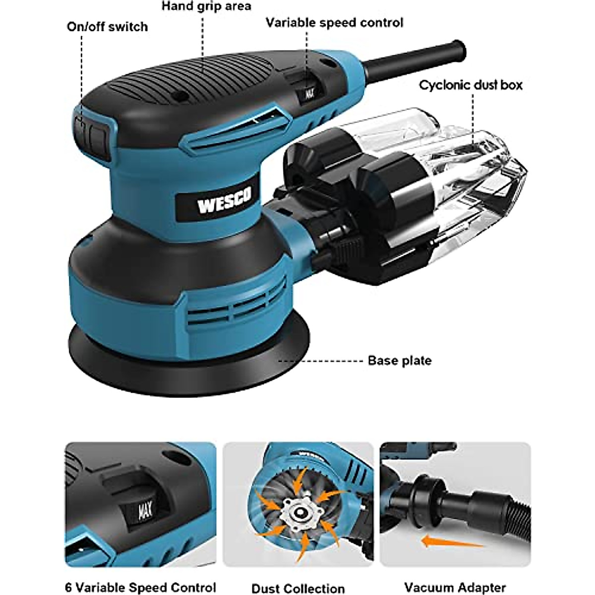 5" 3.0 Amp Corded Electric Random Orbital Sander, Cyclonic Dust Box, Soft Grip, Variable Speed 5000~12000 OPM, 12Pcs Sandpapers