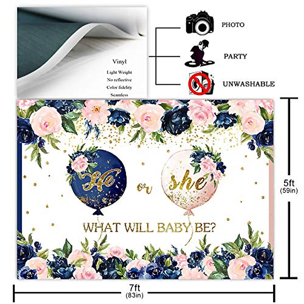 Avezano Navy and Blush Gender Reveal Backdrop He or She Navy Blue Blush Pink Floral Baby Gender Reveal Photography Background Pregnancy Reveal Surprise Boy or Girl Party Decoration Backdrops (7x5ft)