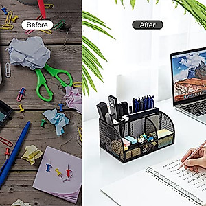 deli Mesh Desk Organizer Office Desktop Organizer with Pen Holder, Metal Stationary Organizer Desk Caddy, 7 Compartments, Black